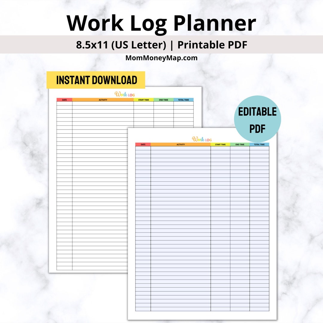 Multi-color Work Log Printable PDF Portrait, Task Time Tracker, Time ...
