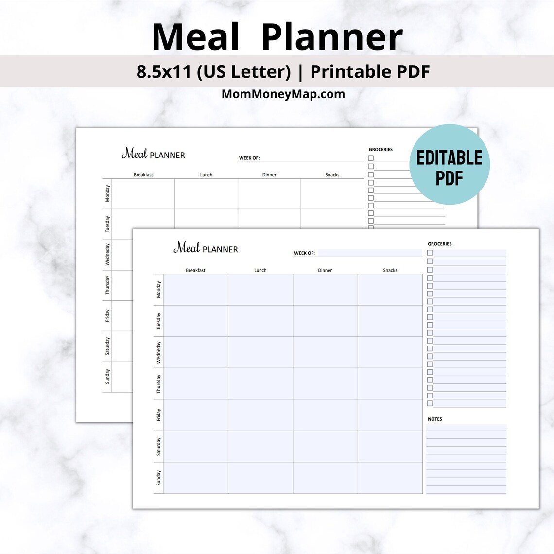 Meal Planner Printable PDF Weekly Meal Planner Menu Planner - Etsy