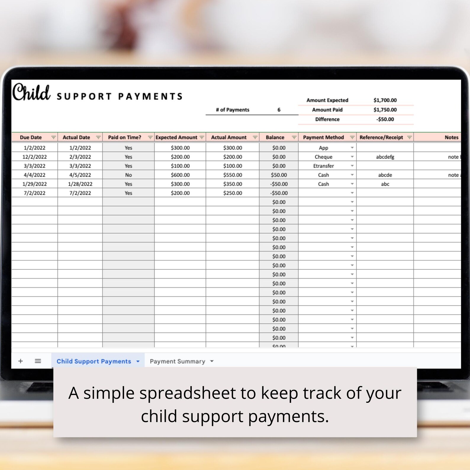Child Support Payment Tracker Google Sheet Spreadsheet, Child Expense Reimbursement, Child ...