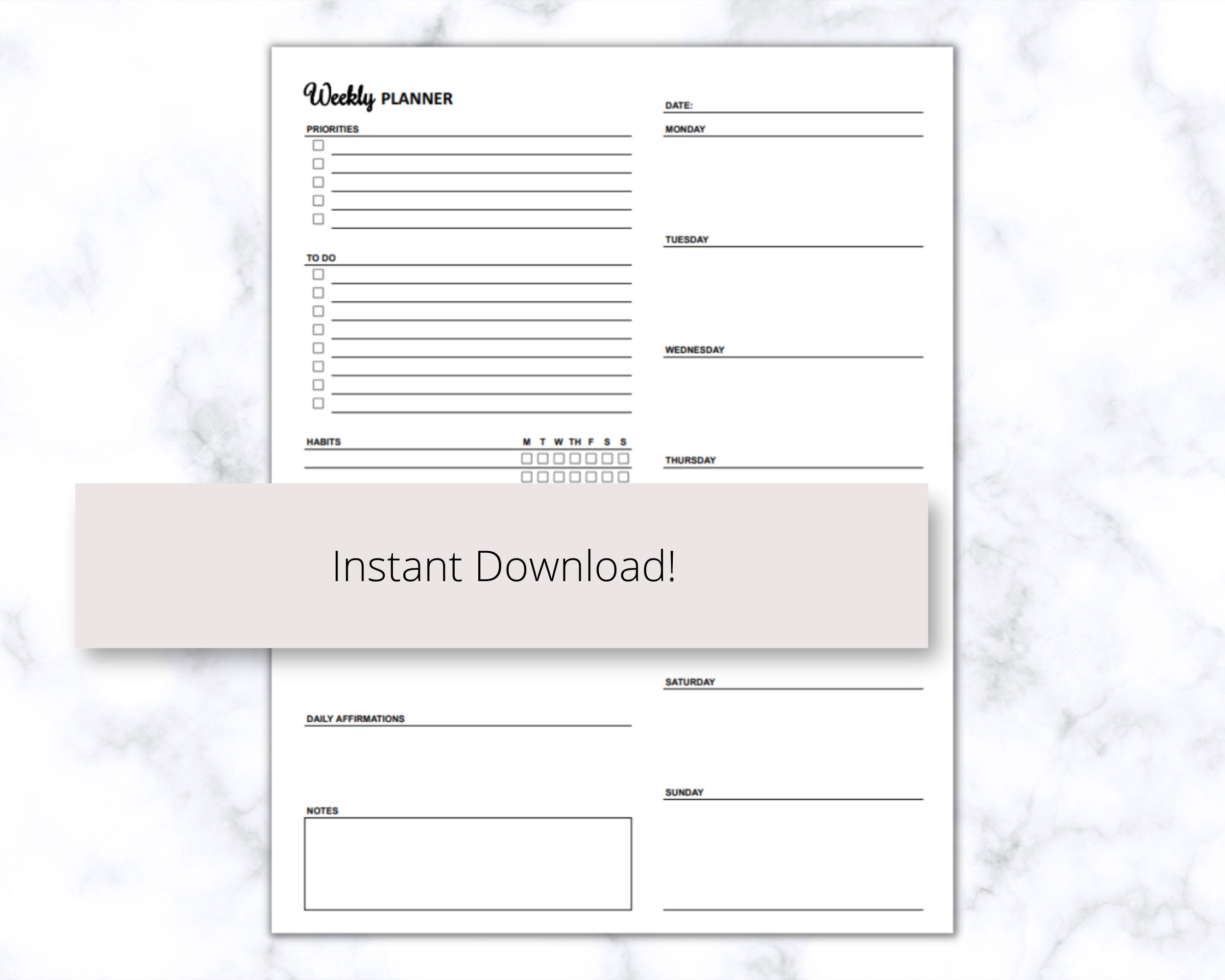 Editable Weekly Planner Printable PDF, Week Organizer, Productivity ...