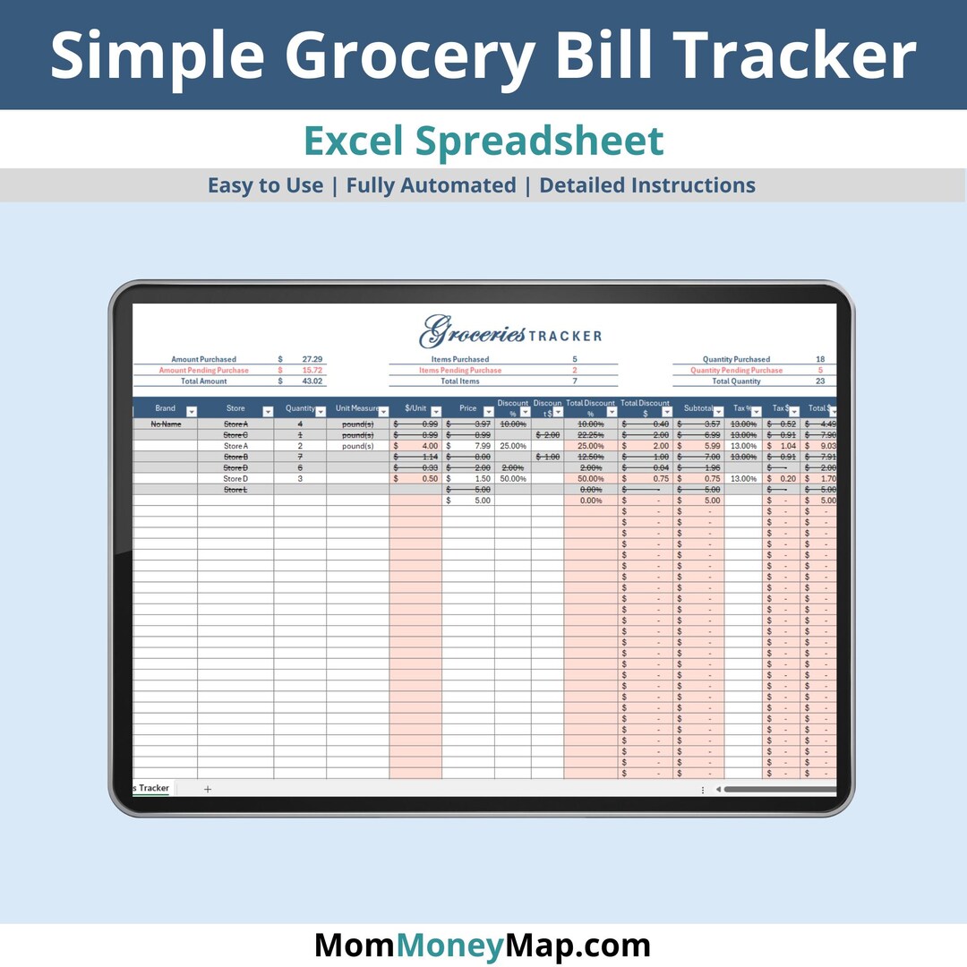 Simple Grocery Bill Tracker Excel Spreadsheet, Grocery Bills Budget ...