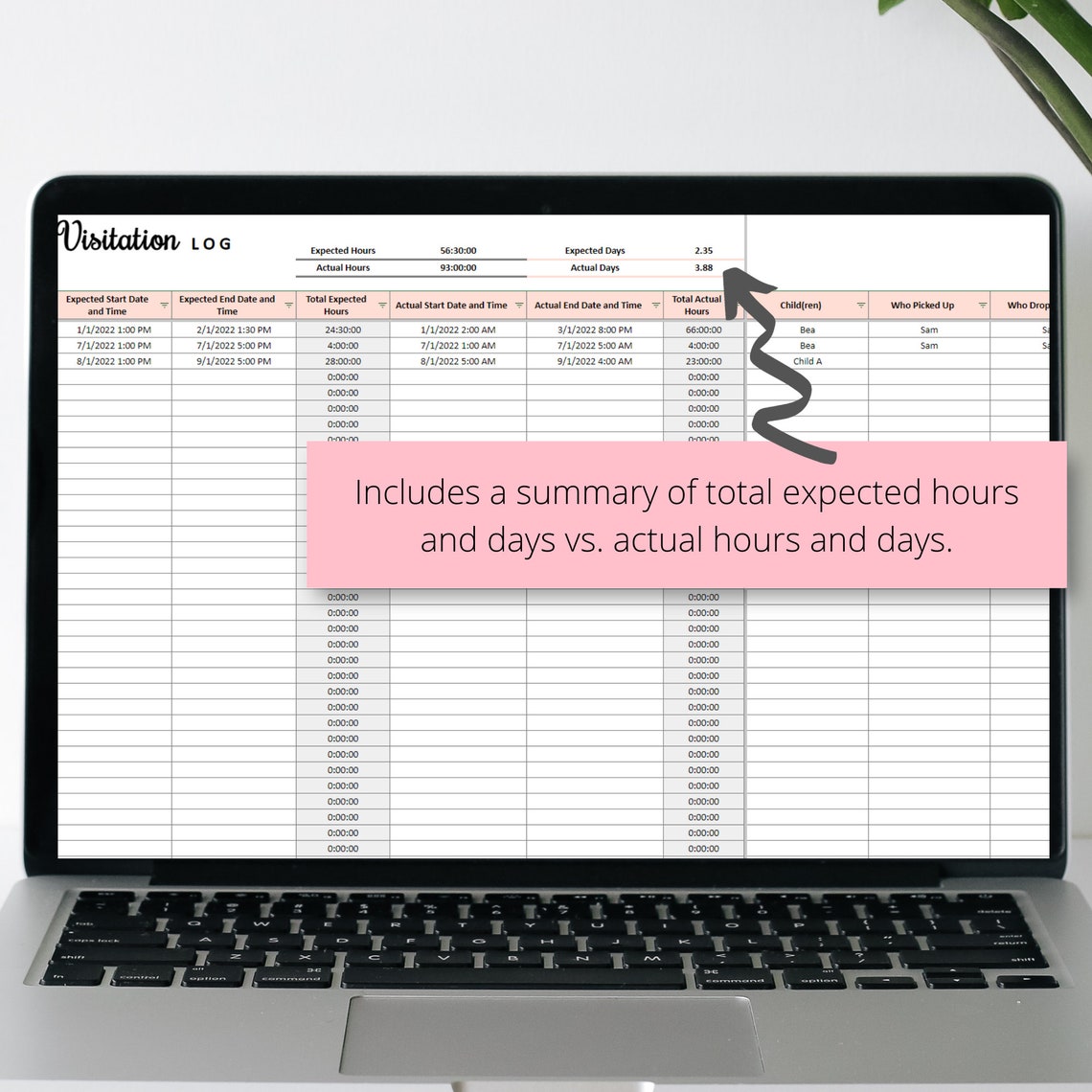 Child Custody Visitation Log Excel Spreadsheet, Parental Visits, Child ...