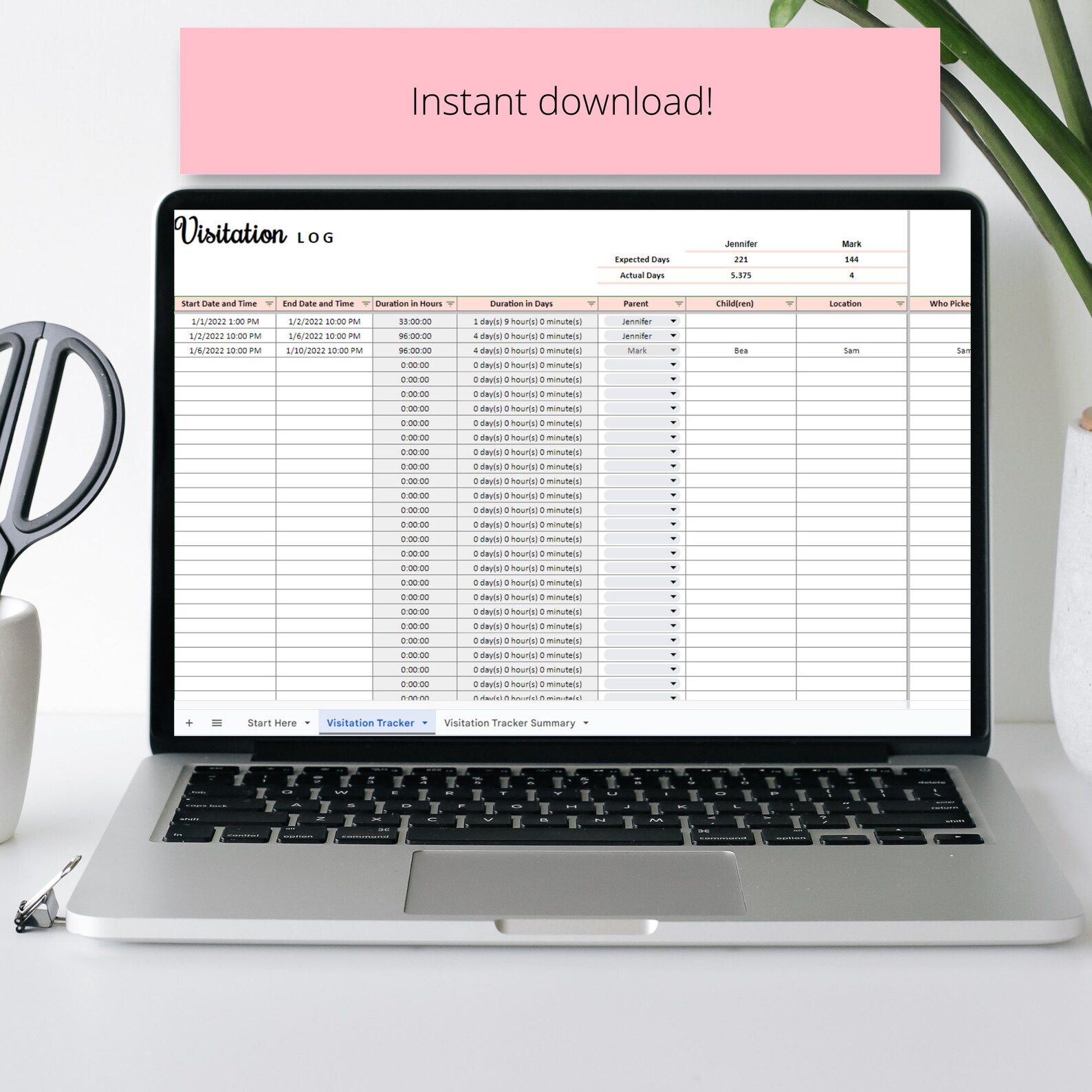 Child Custody Visitation Days Tracker Google Sheets Spreadsheet, Child ...