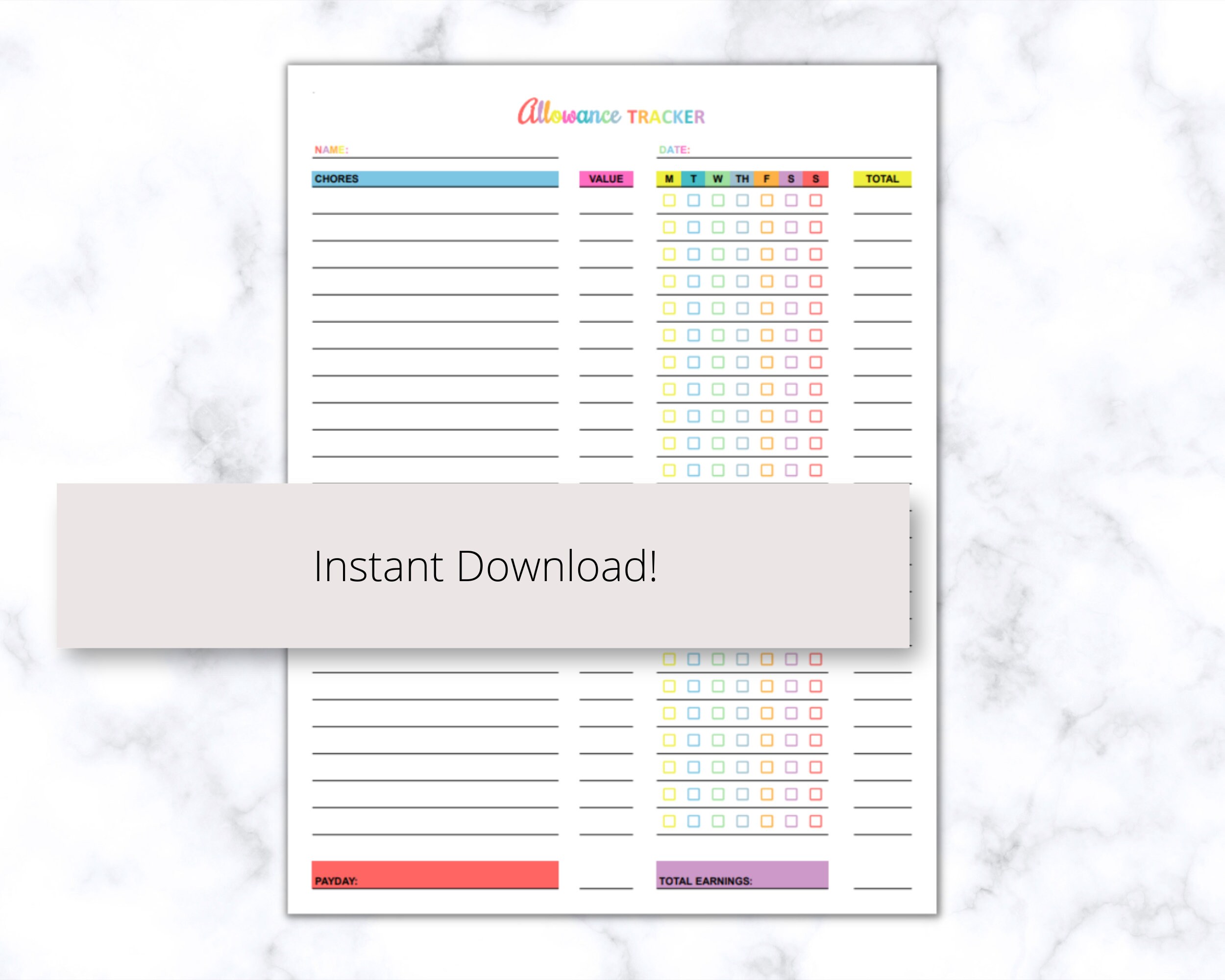 Multi-color Daily Allowance Tracker Printable PDF, Allowance Tracker ...