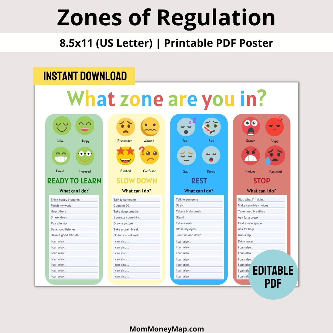 Zones Regulation Printable PDF, Feelings Chart Printable, Coping Skills ...