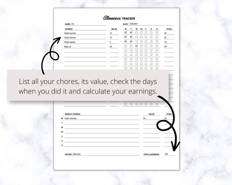 Weekly Allowance Tracker Printable PDF Allowance Tracker for - Etsy
