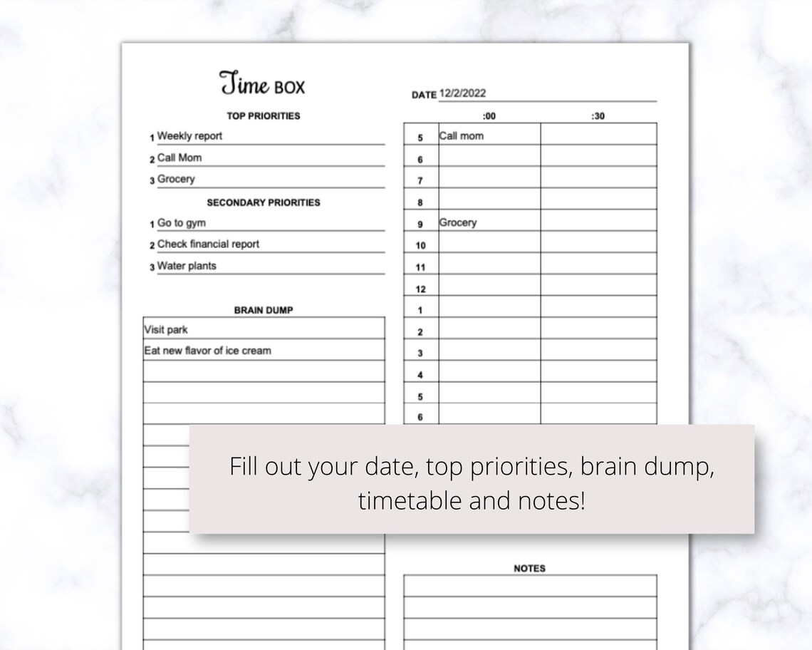 Time Box Planner Printable PDF, Daily Time Planner, Time Management ...