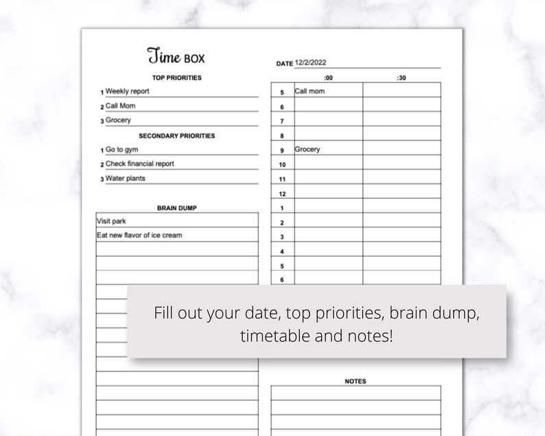 Time Box Planner Printable PDF, Daily Time Planner, Time Management ...