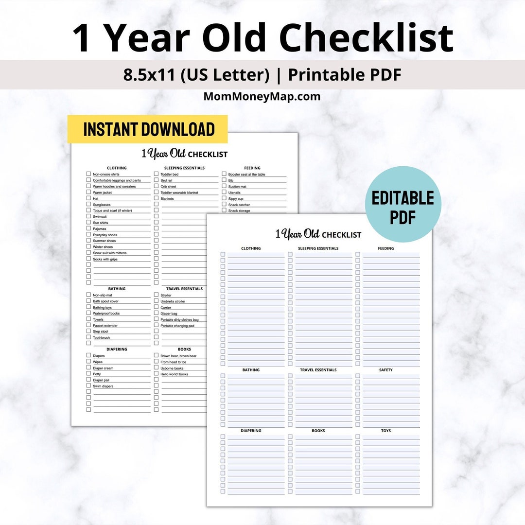 1 Year Old Essentials Checklist Printable PDF, Toddler Essentials List ...