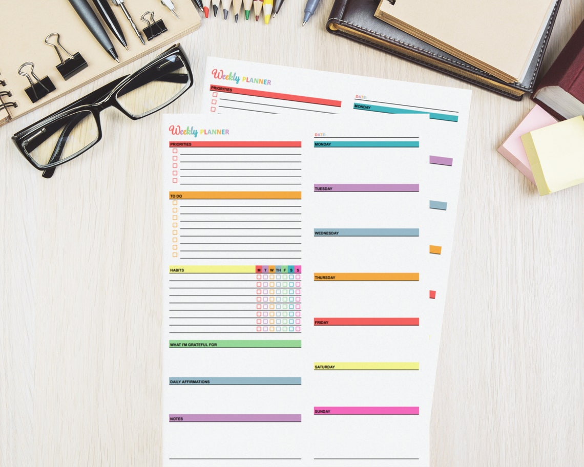 Multi-color Weekly Planner Printable PDF, Week Organizer, Productivity ...