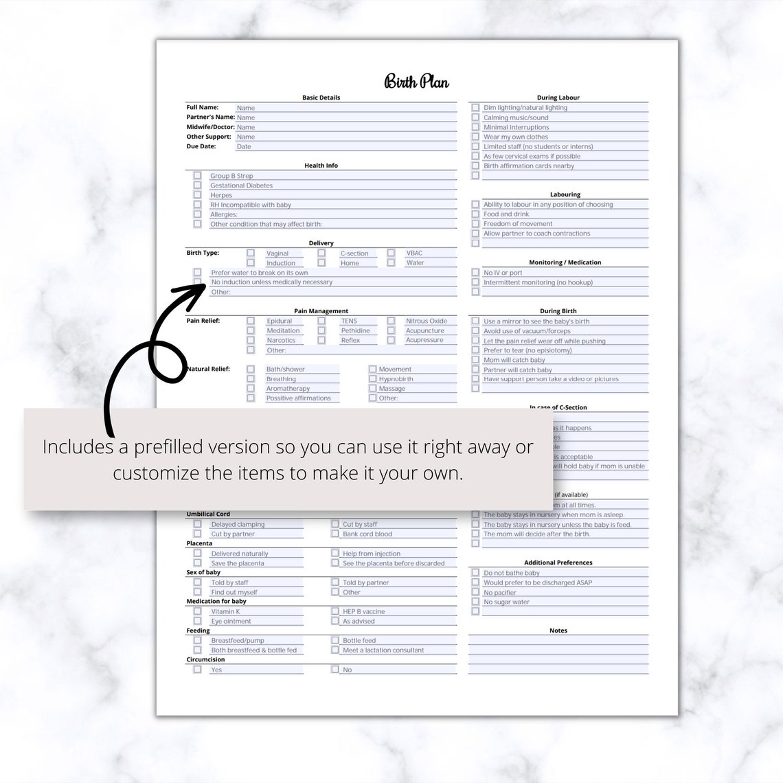 Birth Plan Checklist Printable PDF, Birthing Plan Checklist Template ...