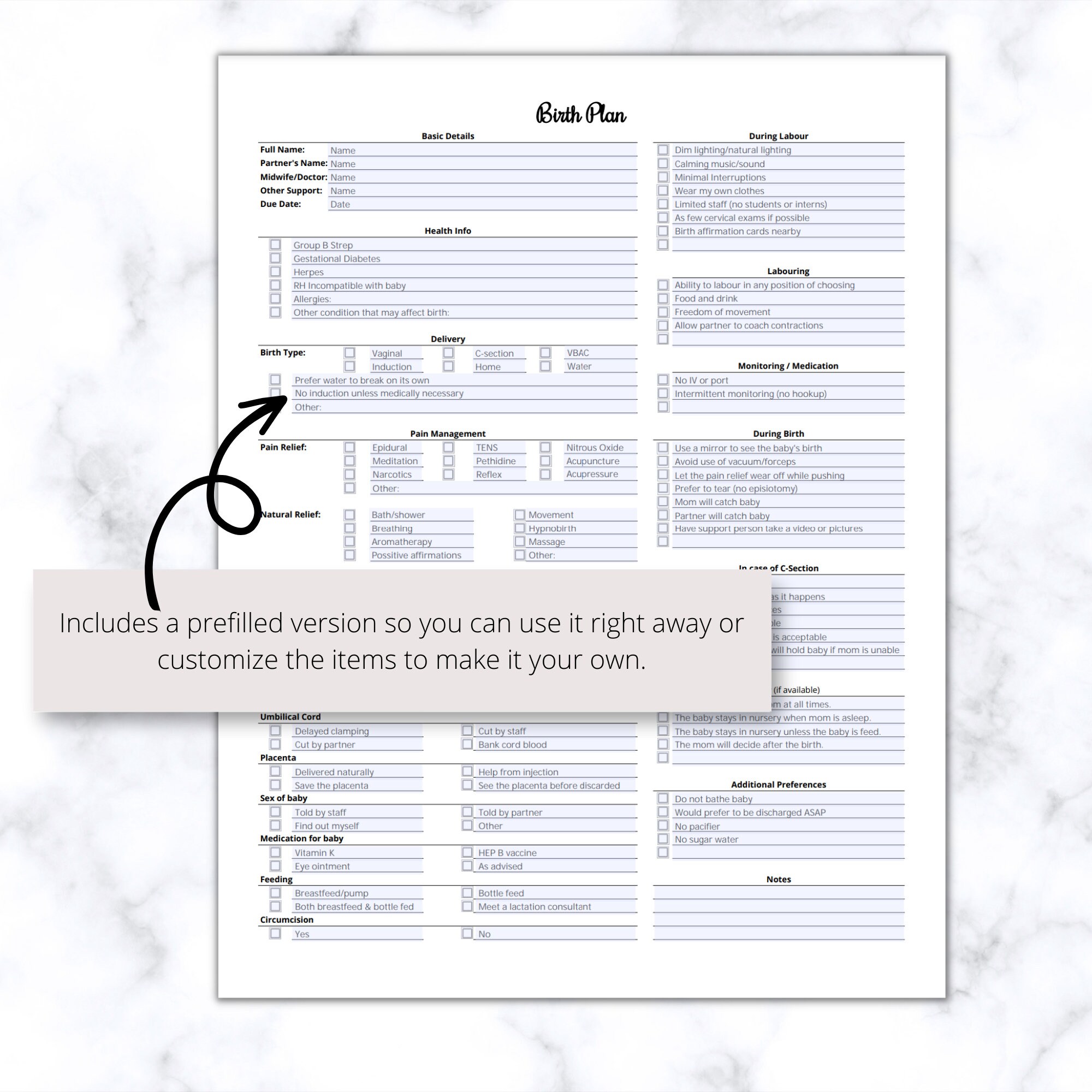 Birth Plan Checklist Printable PDF, Birthing Plan Checklist Template ...