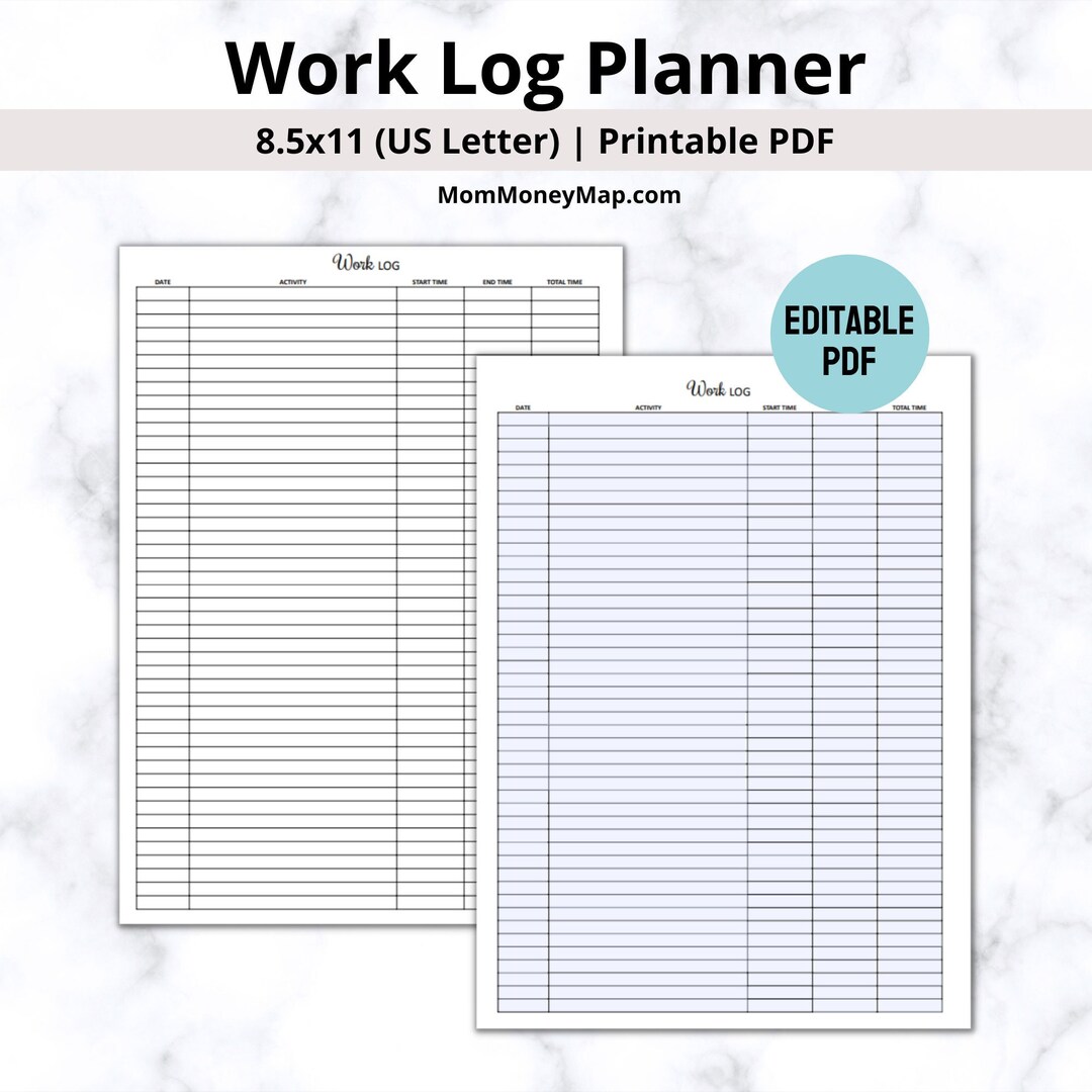 Work Log Printable PDF Portrait, Task Time Tracker, Time Log Printable ...