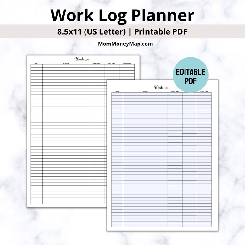 Work Log Printable PDF Portrait, Task Time Tracker, Time Log Printable ...