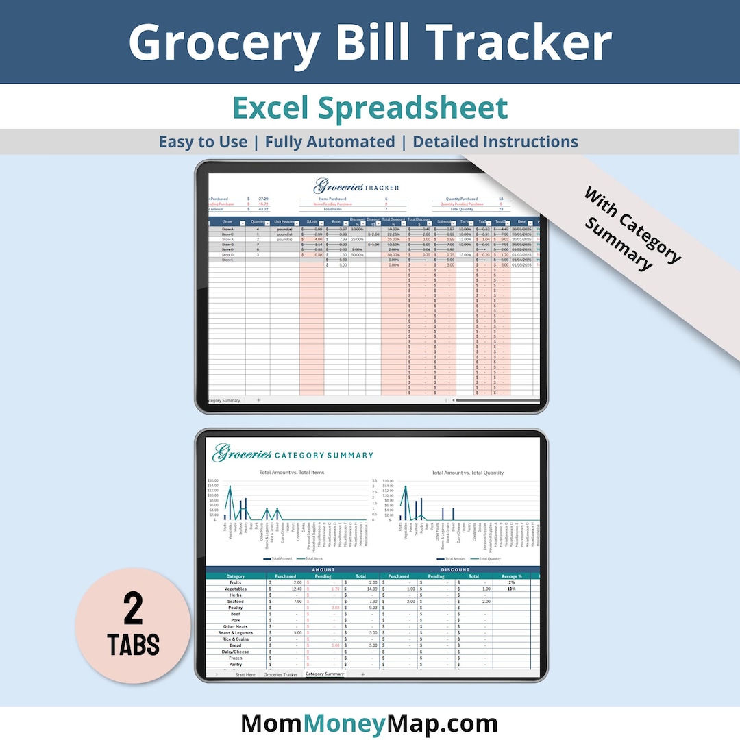 Grocery Bill Tracker With Category Summary Excel Spreadsheet, Grocery Bills Budget Plan Tracker ...