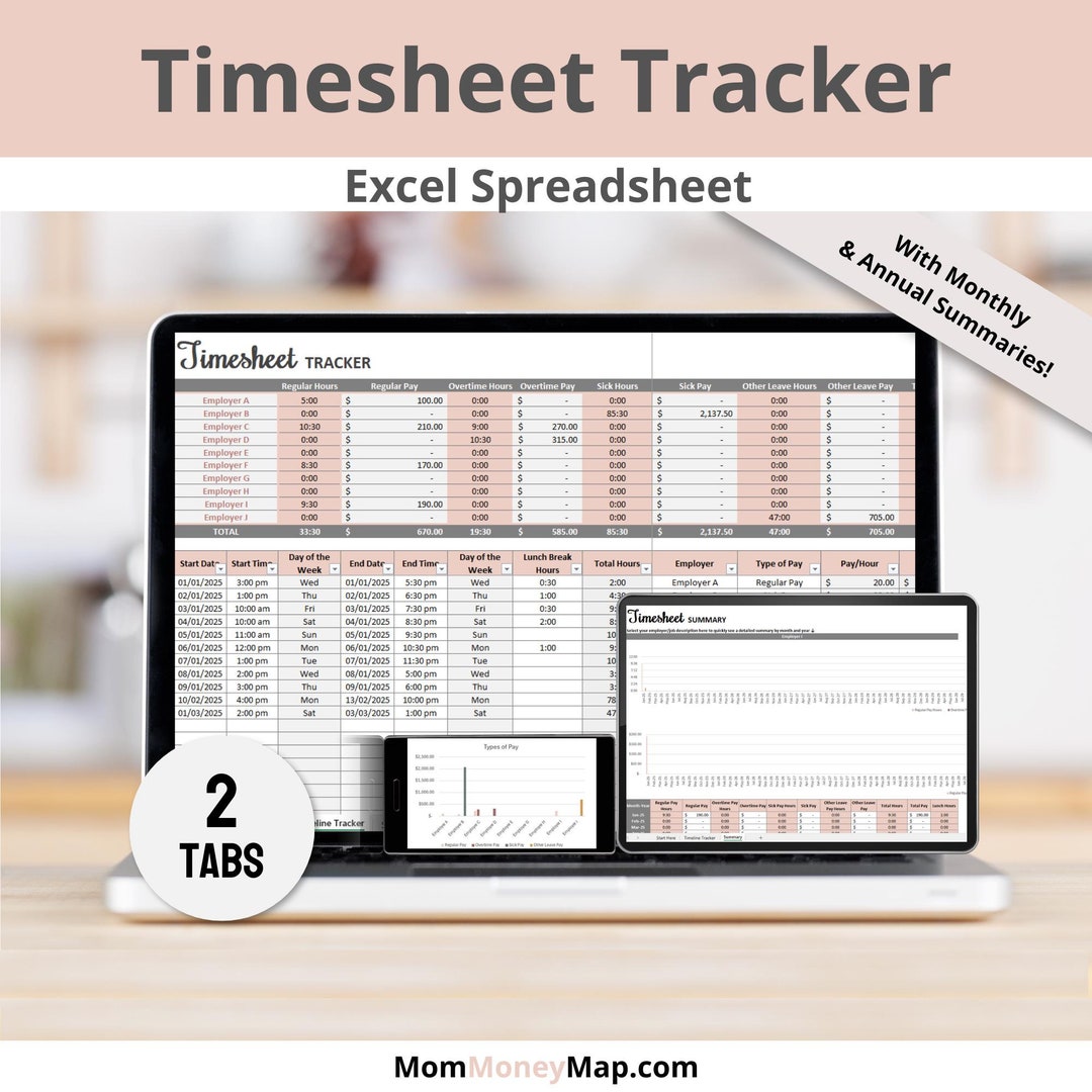 Timesheet Tracker Excel Spreadsheet With Monthly and Annual Summaries ...