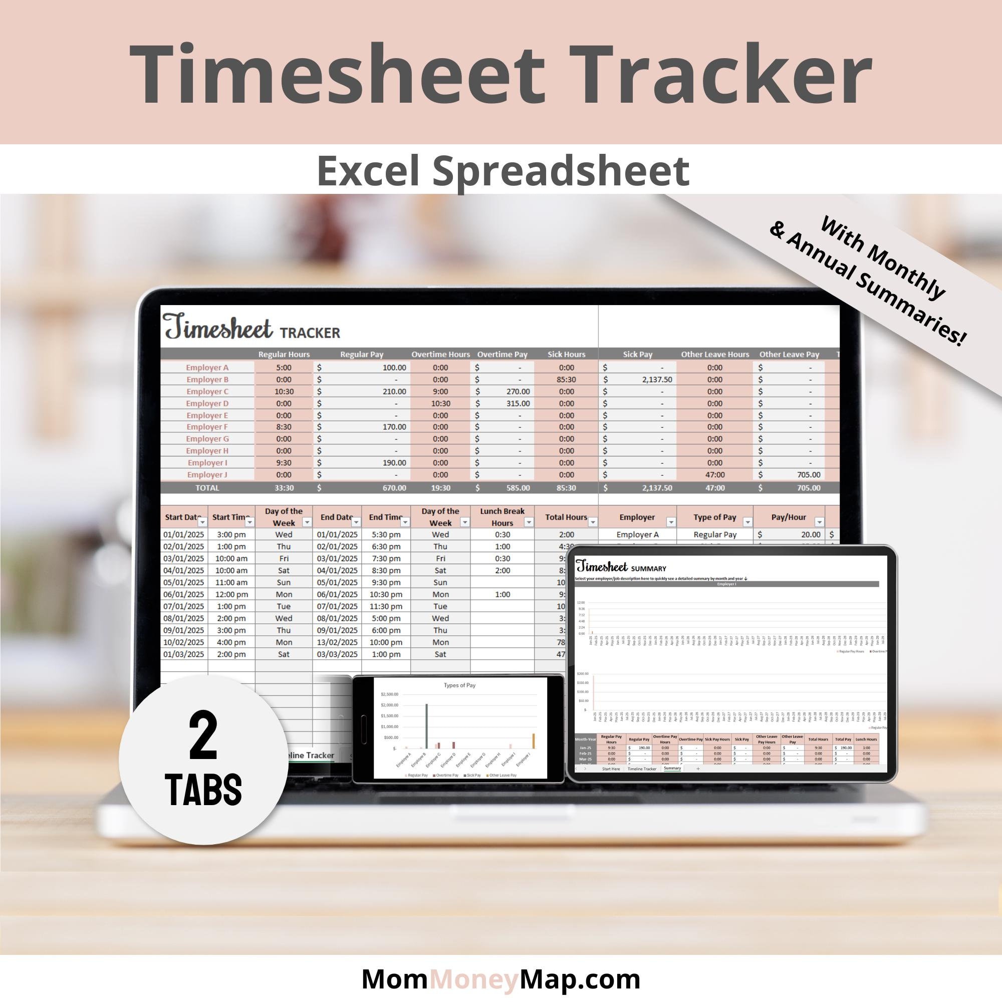 Timesheet Tracker Excel Spreadsheet With Monthly and Annual Summaries ...