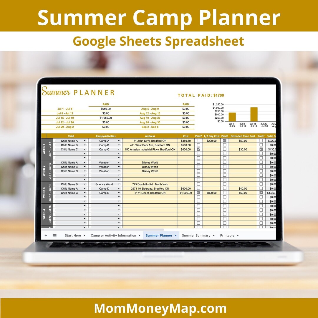 Summer Camp Planner Google Sheets Spreadsheet, Summer Camp Organizer ...