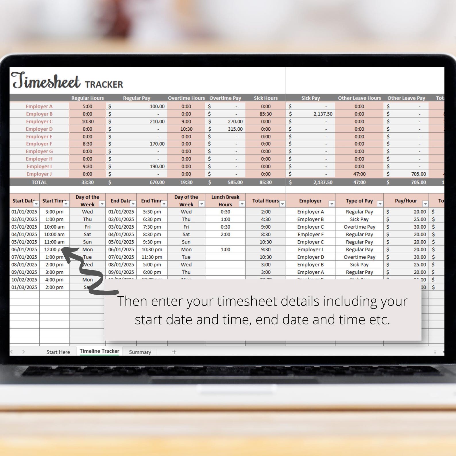 Timesheet Tracker Excel Spreadsheet With Monthly and Annual Summaries ...