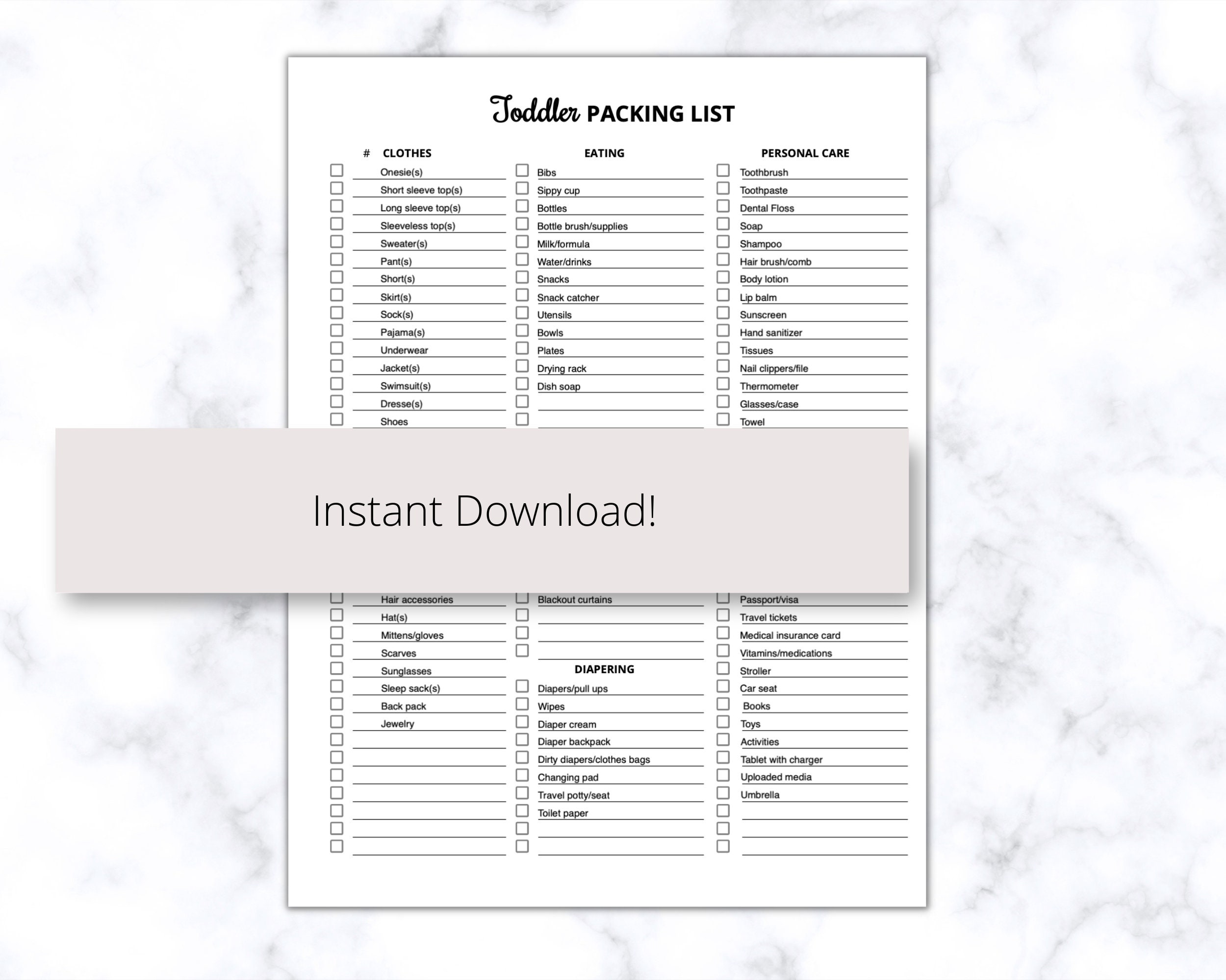 Toddler Packing List Printable PDF, 1 Year Old Travel Essentials ...