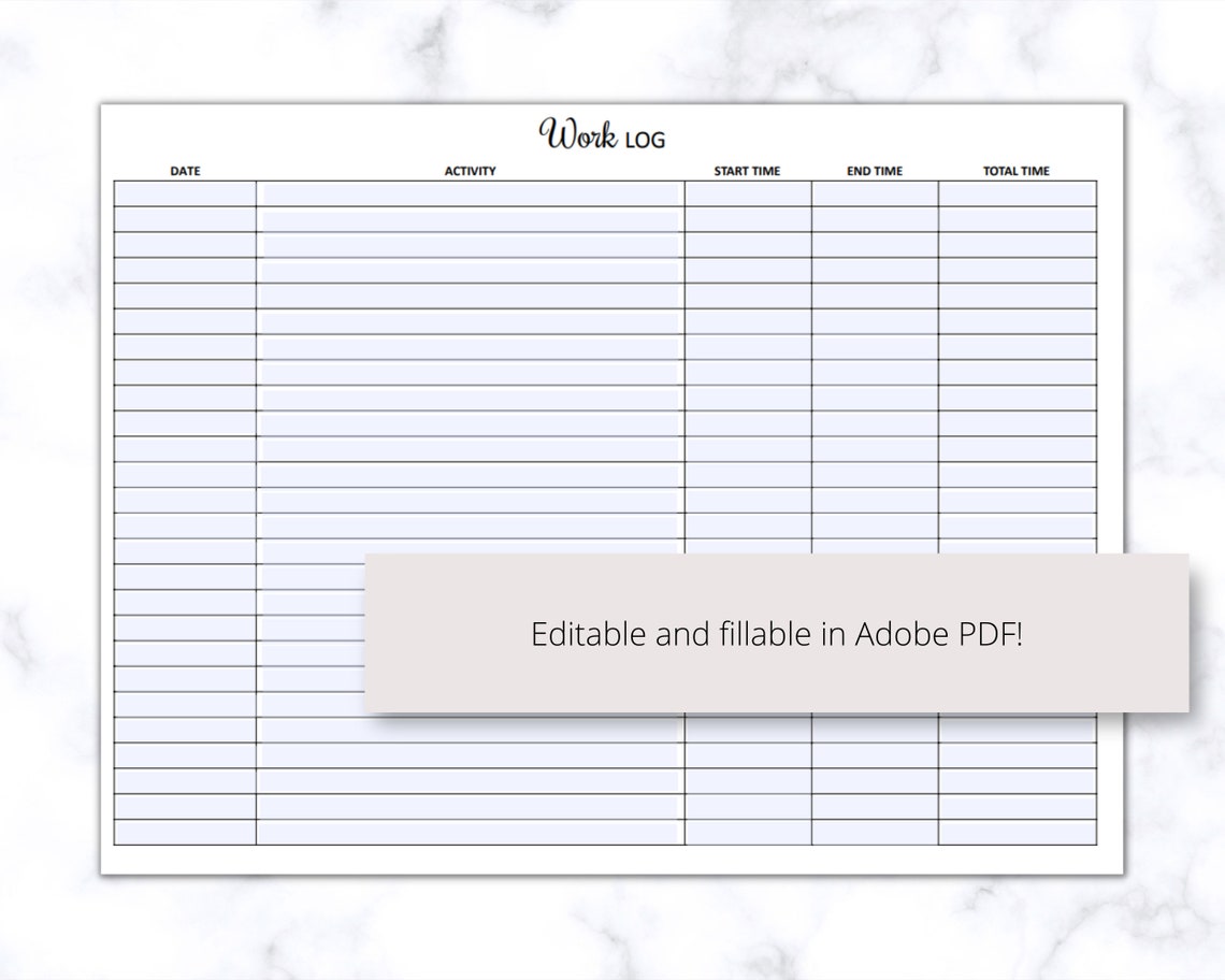 Work Log Landscape Printable PDF, Task Time Tracker, Time Log Printable ...
