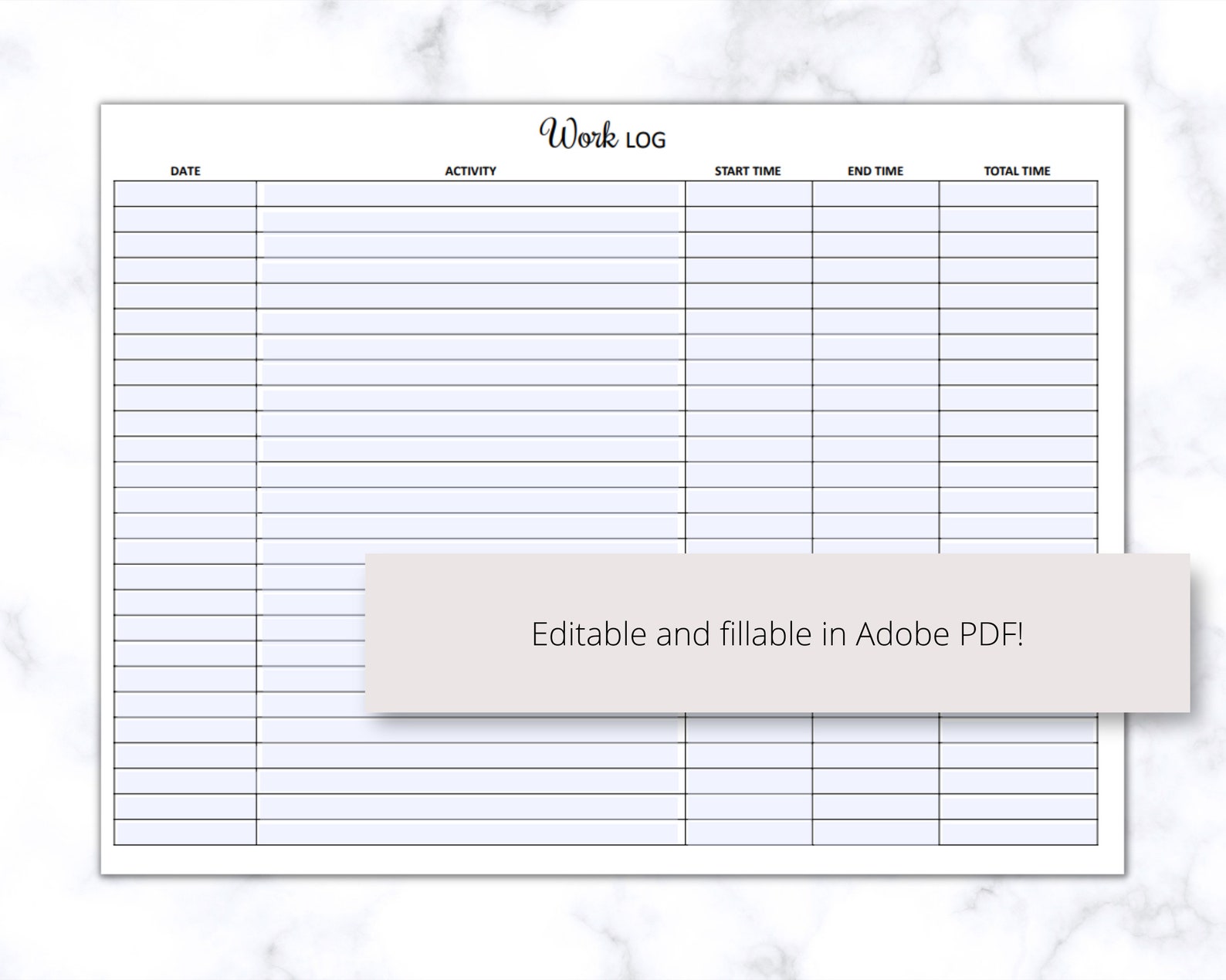 Work Log Landscape Printable PDF, Task Time Tracker, Time Log Printable ...