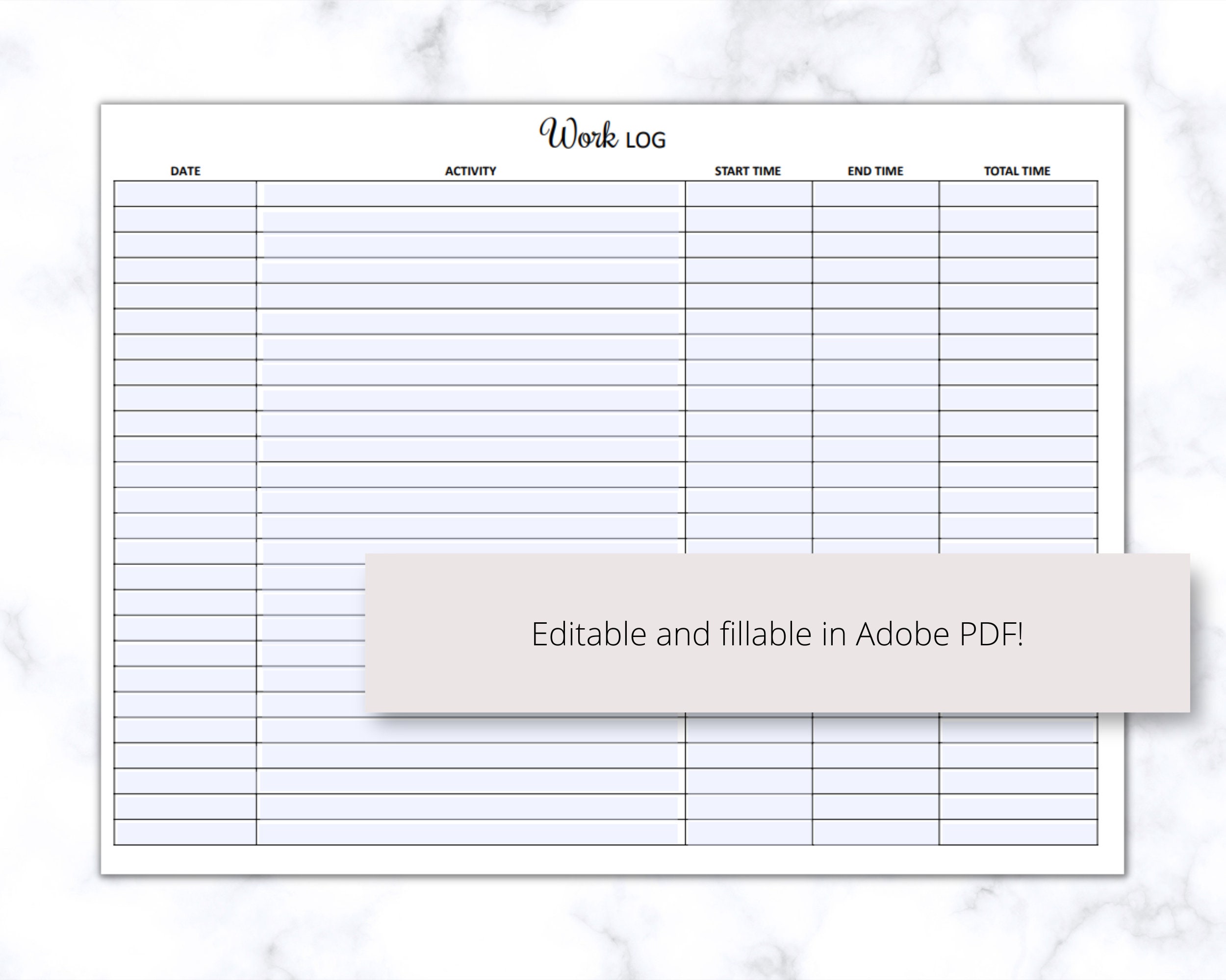 Work Log Landscape Printable PDF, Task Time Tracker, Time Log Printable ...