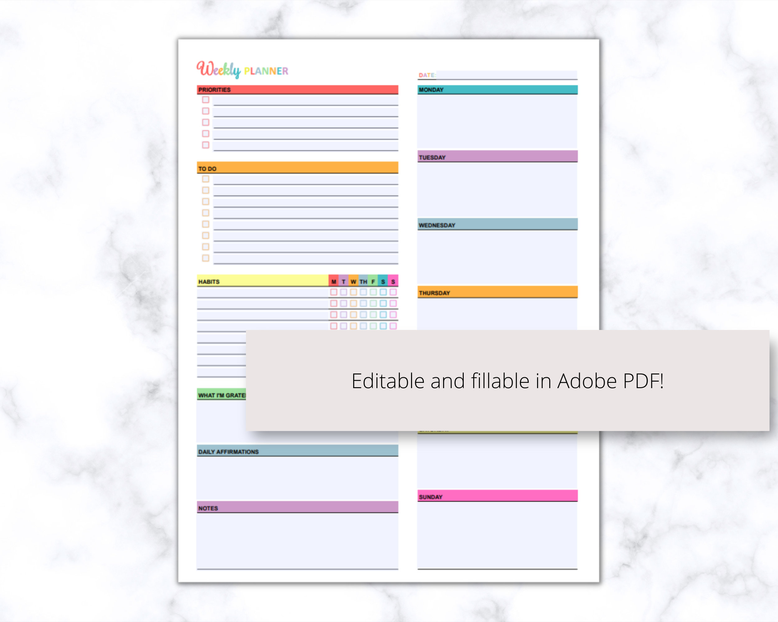 Multi-color Weekly Planner Printable PDF, Week Organizer, Productivity ...