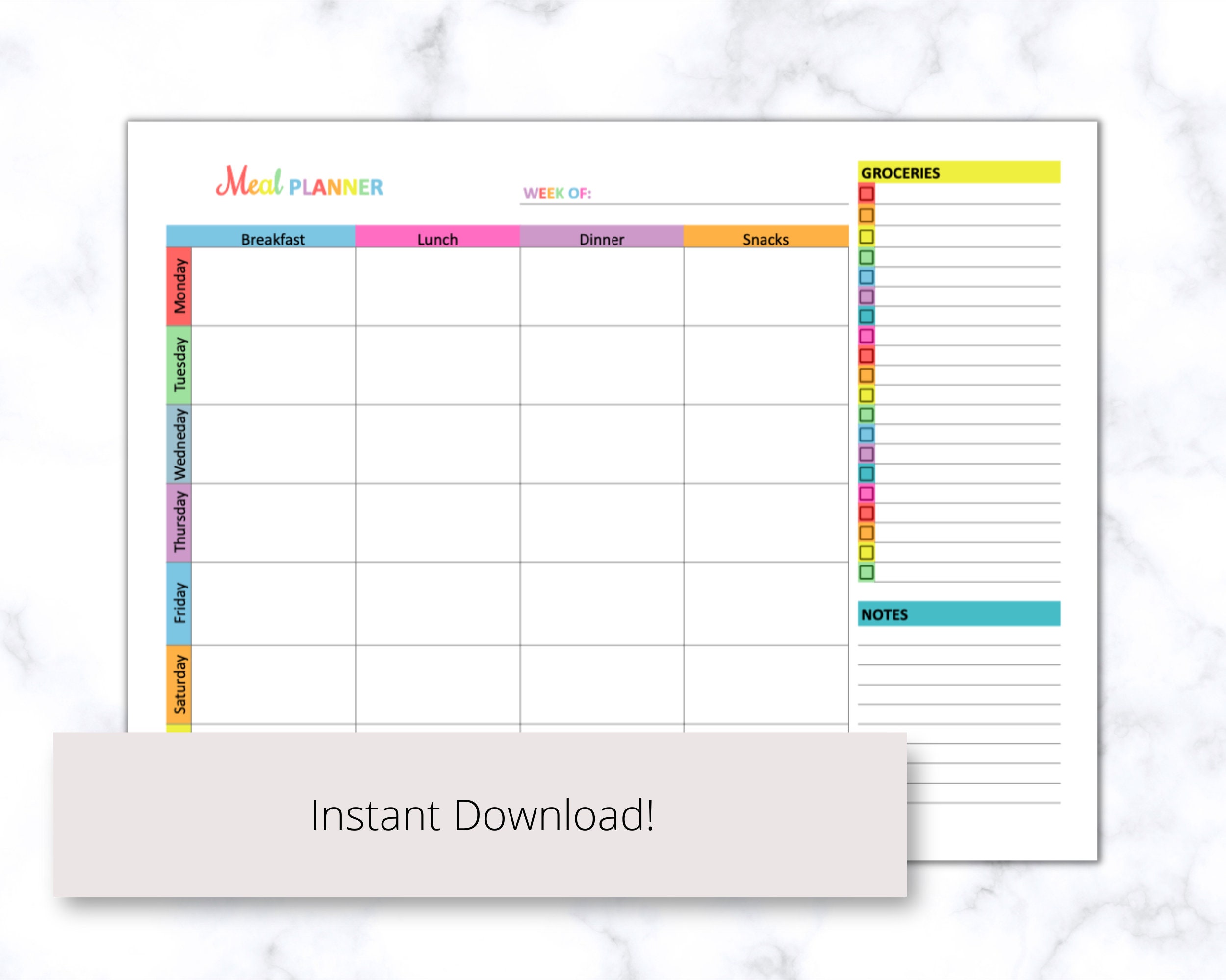 Multi-color Meal Planner Printable PDF, Weekly Meal Planner, Menu ...