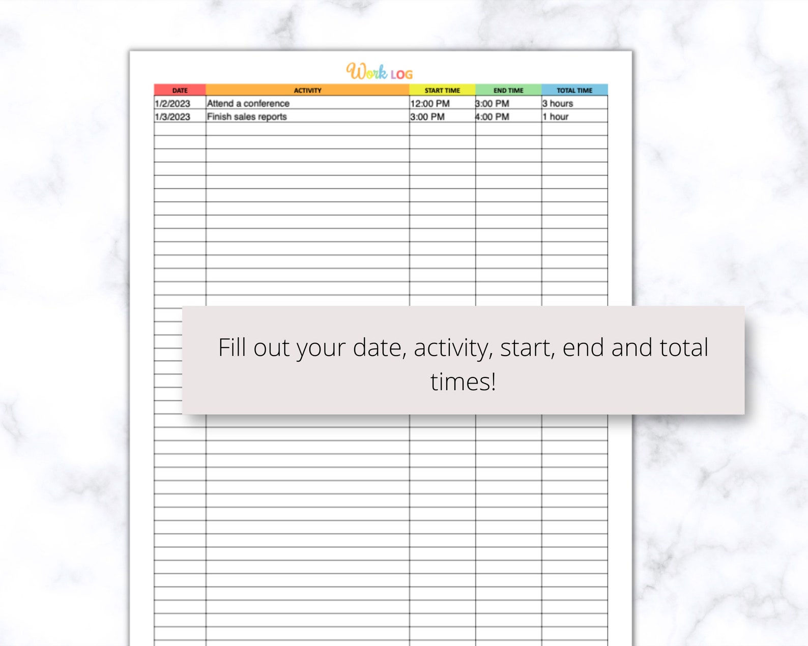 Multi-color Work Log Printable PDF Portrait, Task Time Tracker, Time ...