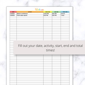 Multi-color Work Log Printable PDF Portrait, Task Time Tracker, Time ...