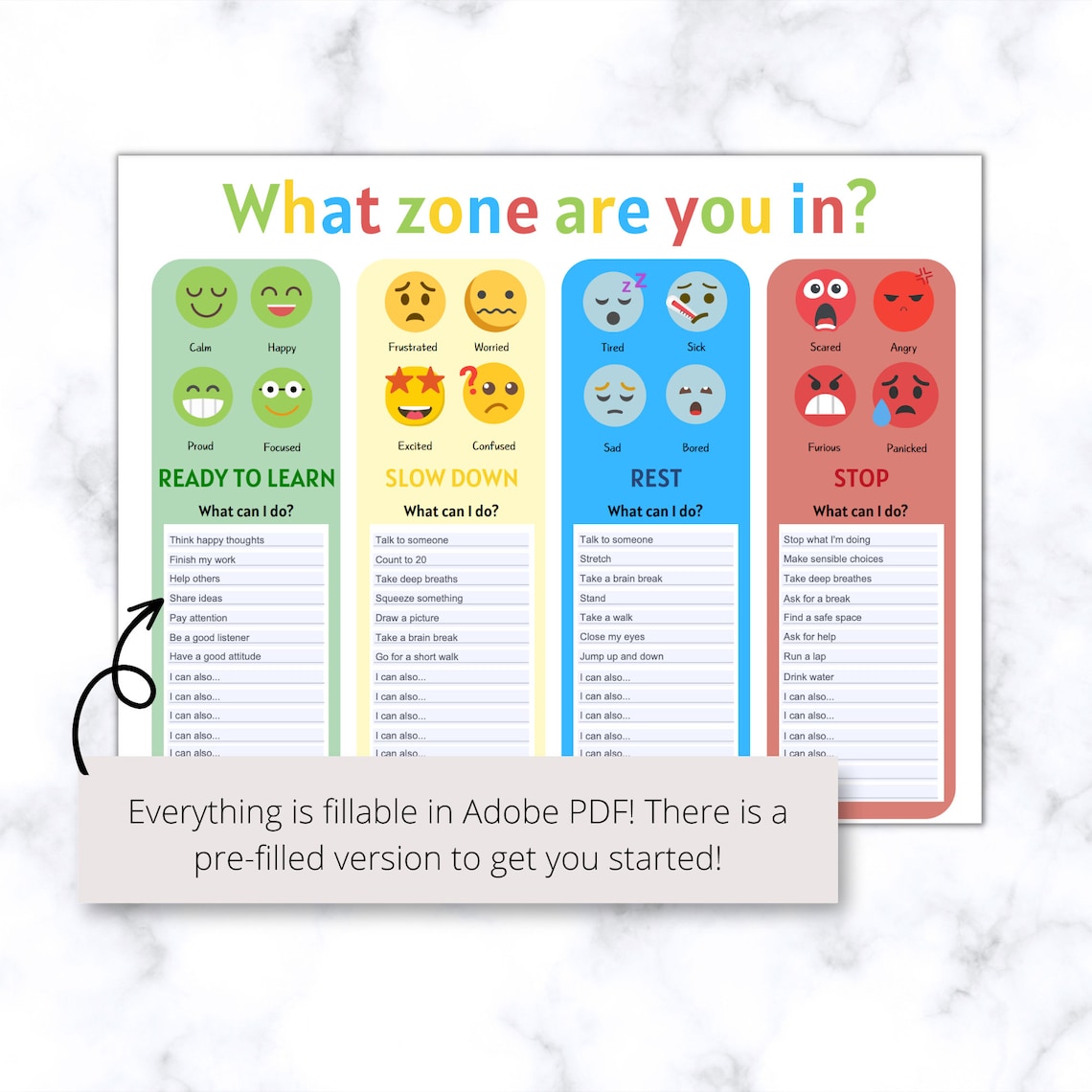Zones Regulation Printable PDF, Feelings Chart Printable, Coping Skills ...