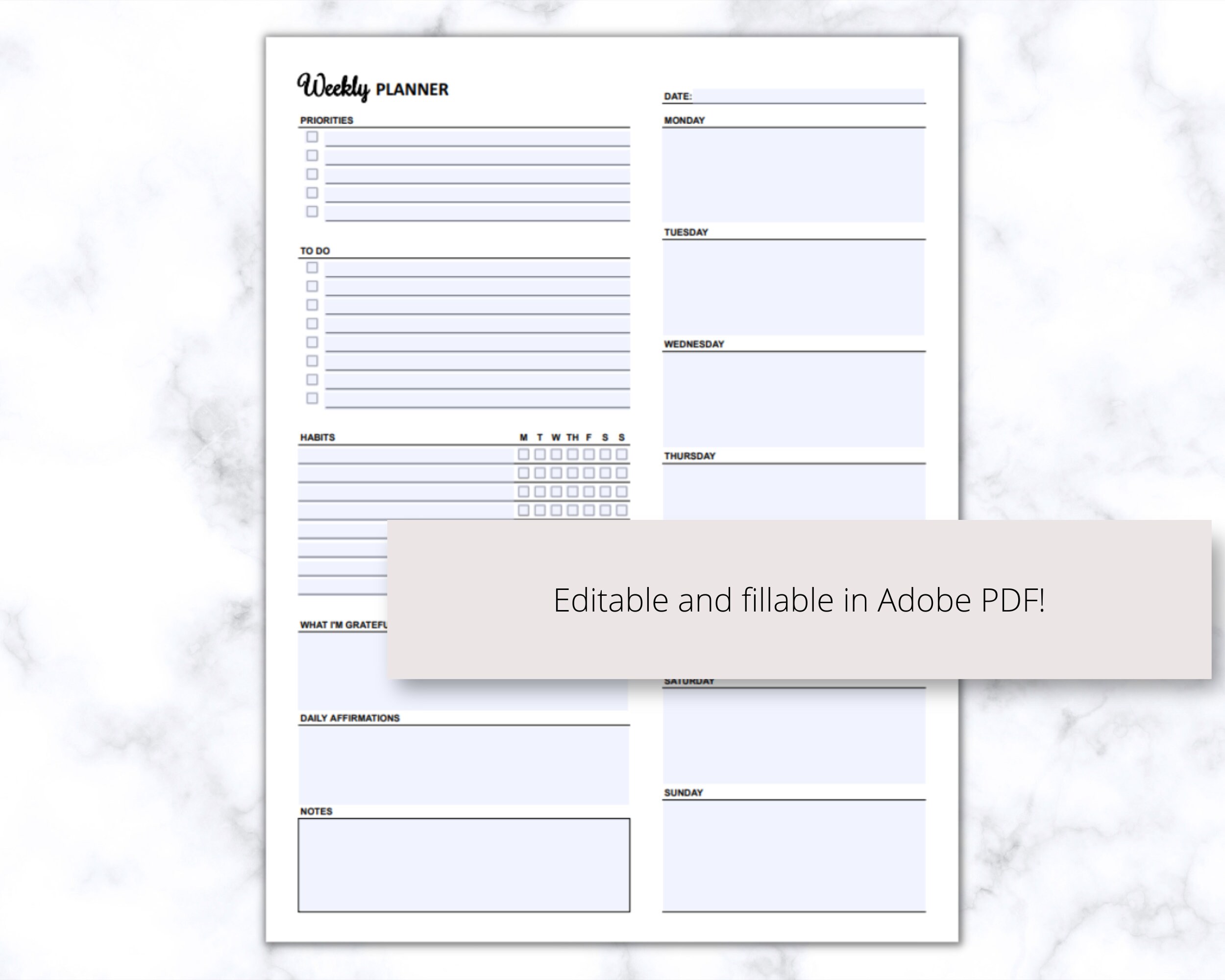 Editable Weekly Planner Printable PDF, Week Organizer, Productivity ...