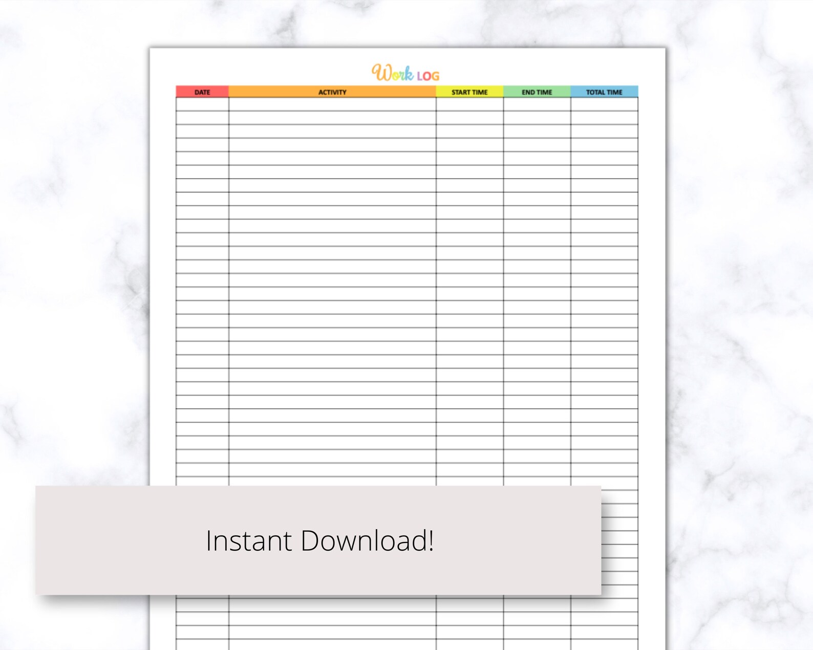 Multi-color Work Log Printable PDF Portrait, Task Time Tracker, Time ...