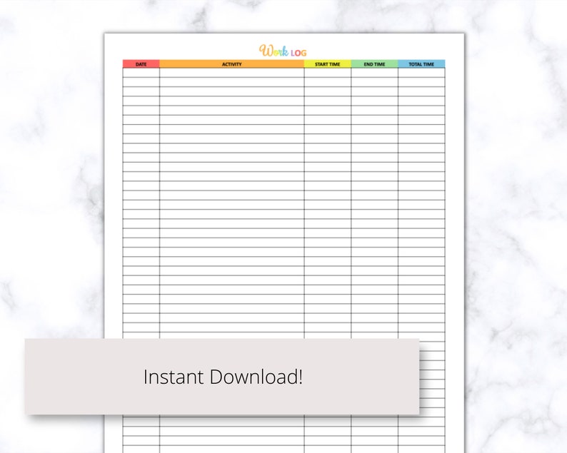 Multi-color Work Log Printable PDF Portrait, Task Time Tracker, Time ...
