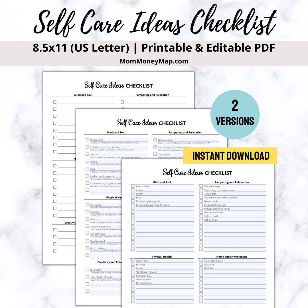 Self Care Ideas Checklist Printable PDF Self Care and Mental - Etsy