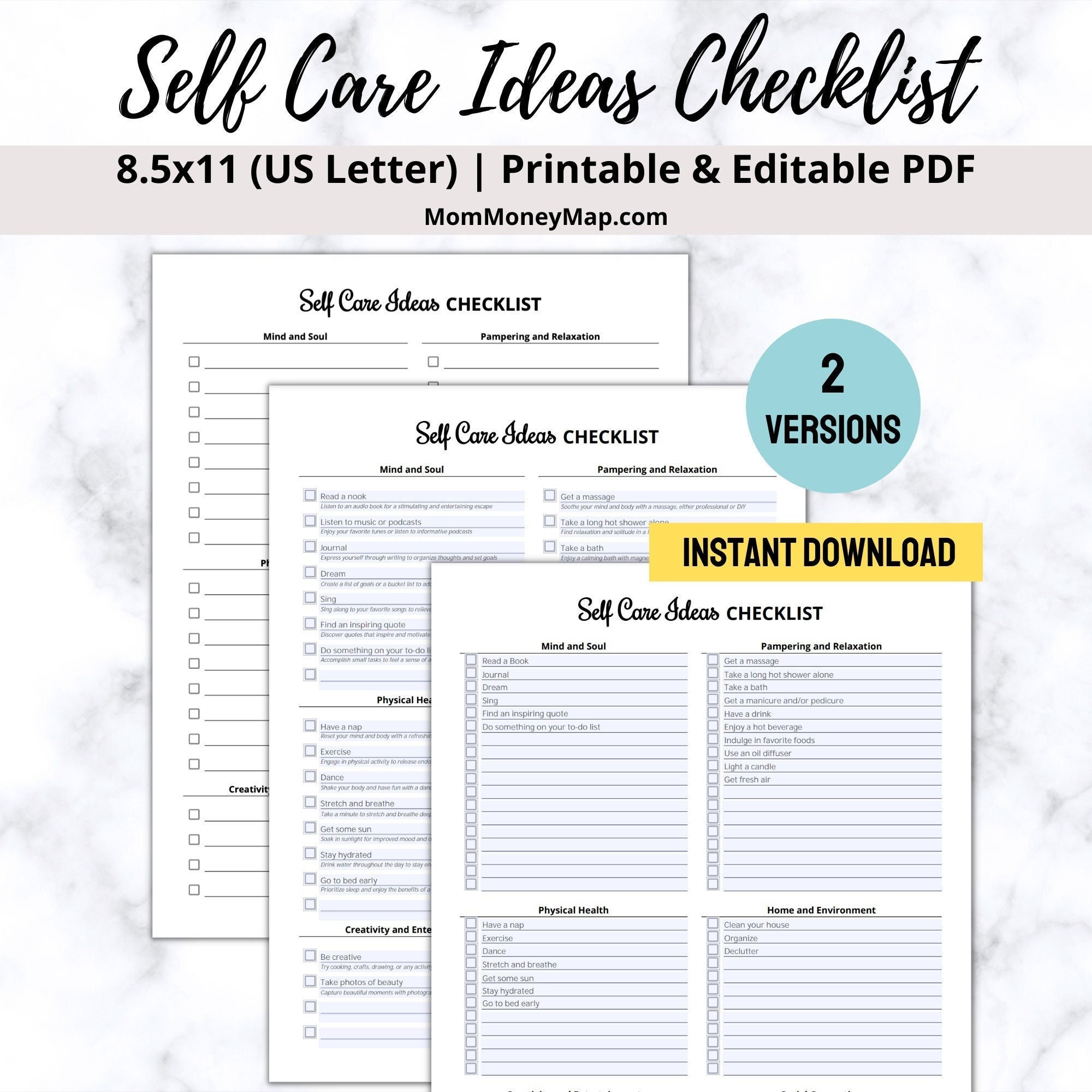 Self Care Ideas Checklist Printable PDF Self Care and Mental - Etsy