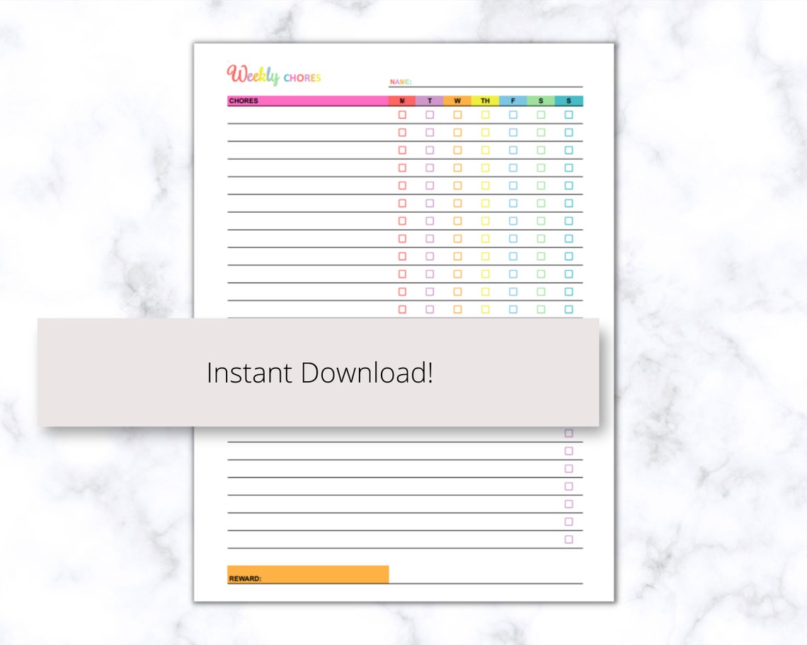Multi-color Kids Chore Chart Printable PDF, Kids Daily Tasks, Kids ...