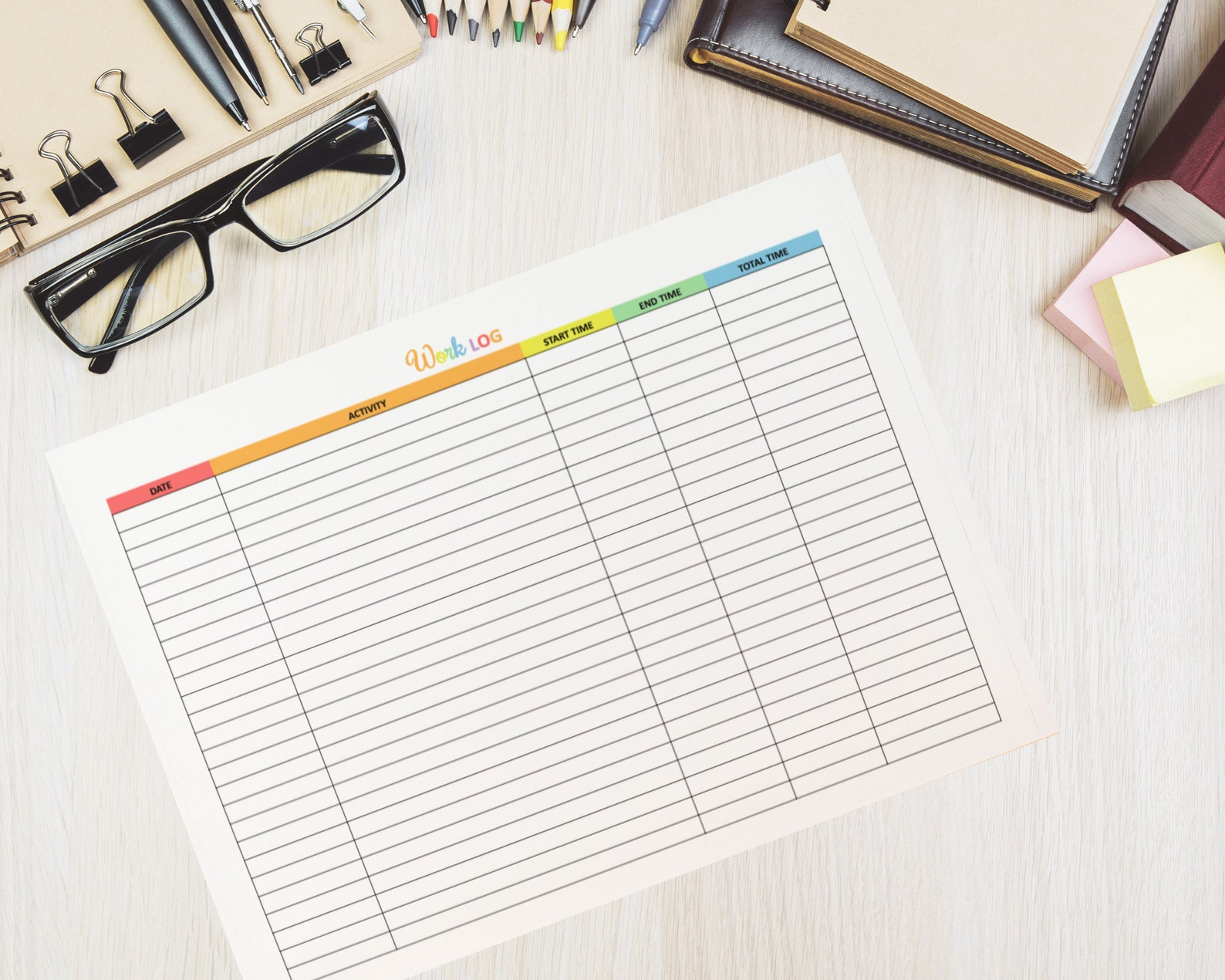 Multi-color Work Log Printable PDF Landscape, Task Time Tracker, Time ...