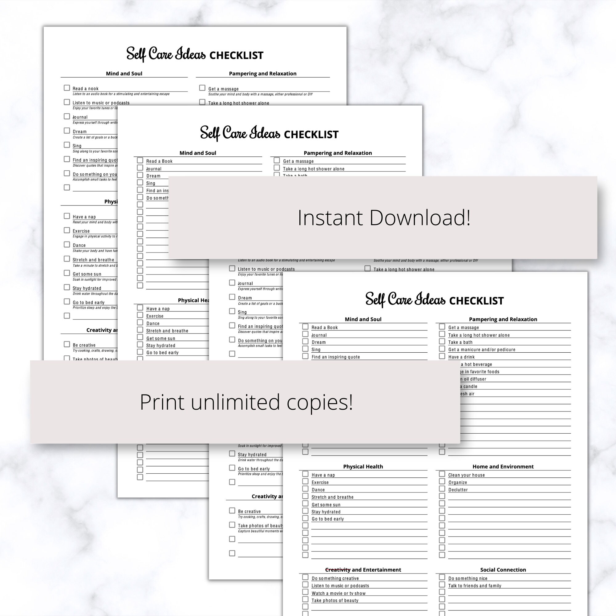 Self Care Ideas Checklist Printable PDF Self Care and Mental - Etsy