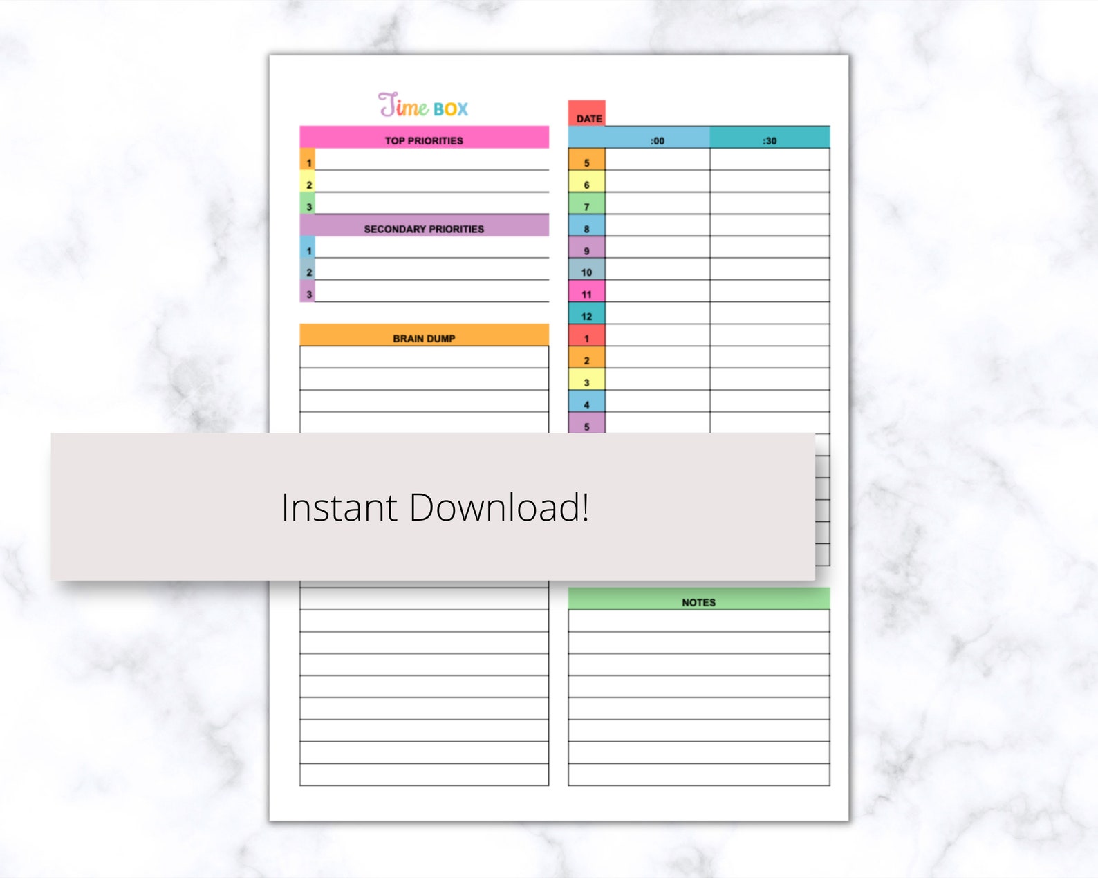 Multi-color Time Box Planner Printable PDF Daily Time - Etsy