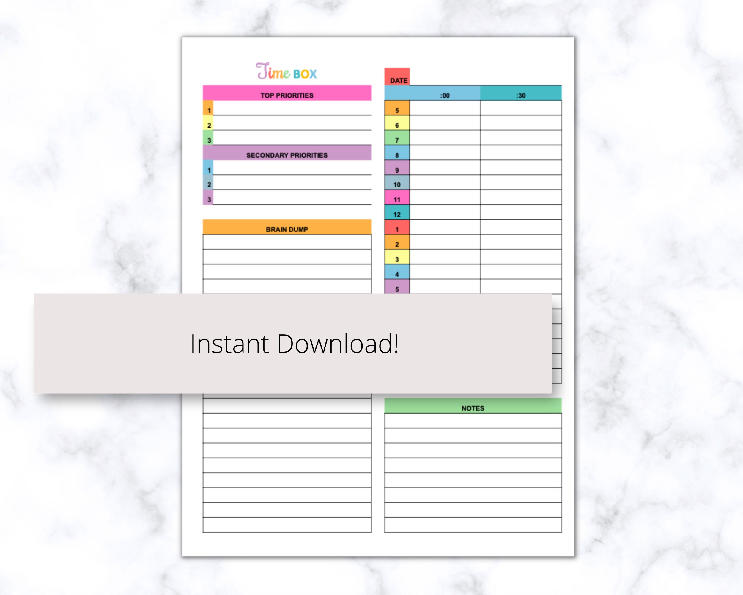 Multi-color Time Box Planner Printable PDF Daily Time - Etsy