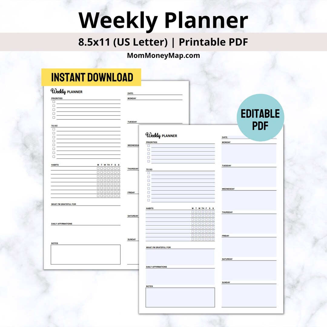 Editable Weekly Planner Printable PDF, Week Organizer, Productivity ...