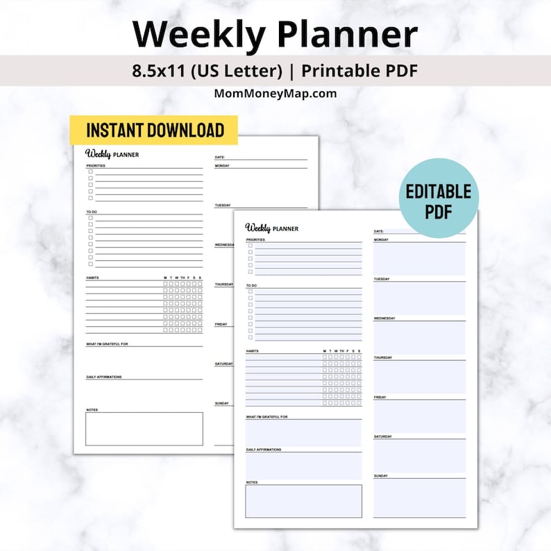 Editable Weekly Planner Printable PDF, Week Organizer, Productivity ...