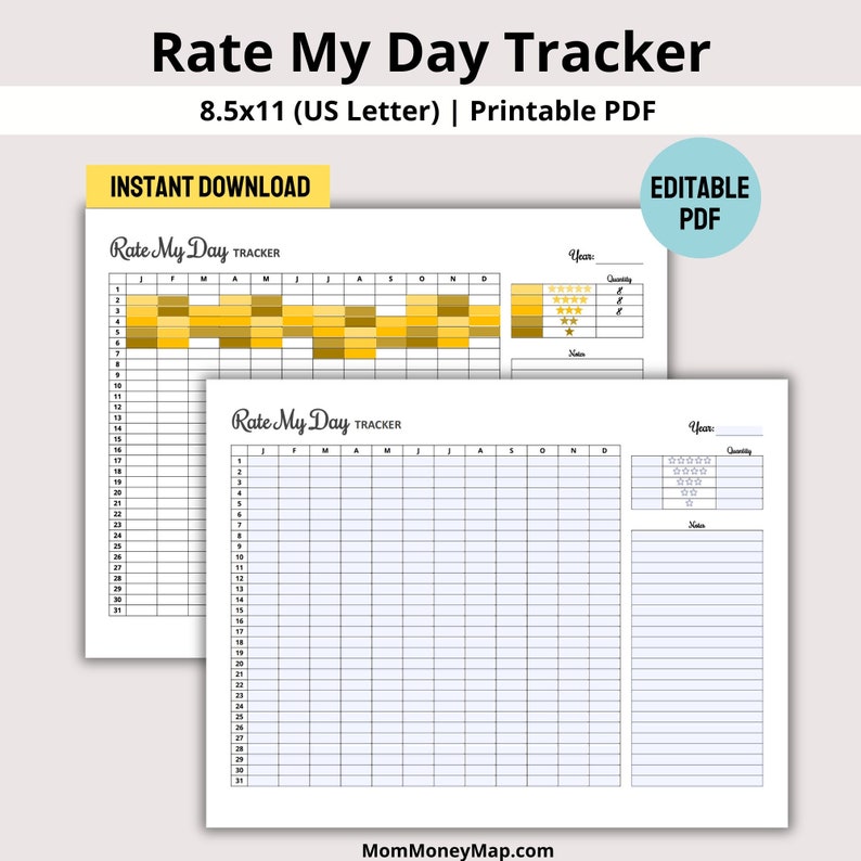 Rate My Day Tracker Printable PDF, Daily Self-reflection Printable ...