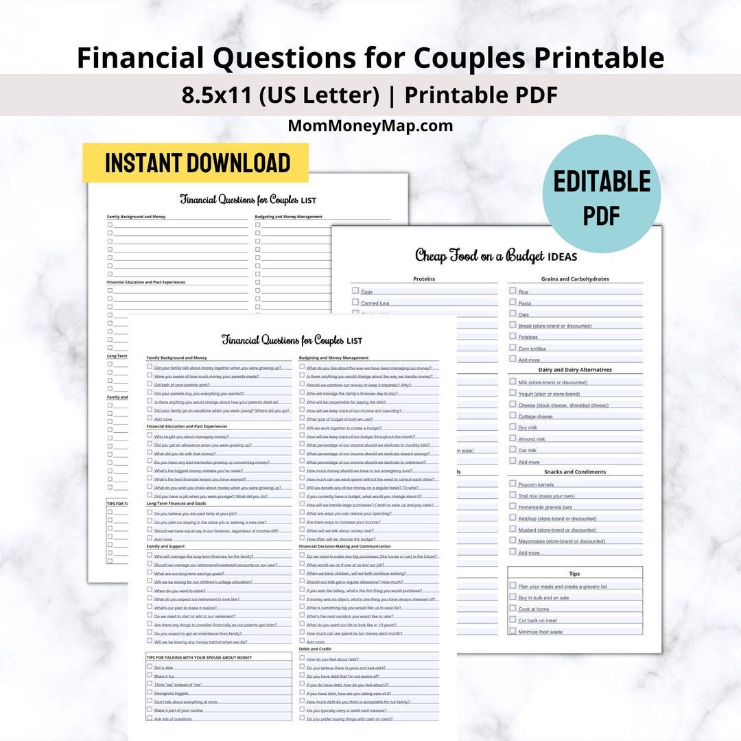 Financial Questions for Couples Printable PDF, Relationship Finance ...