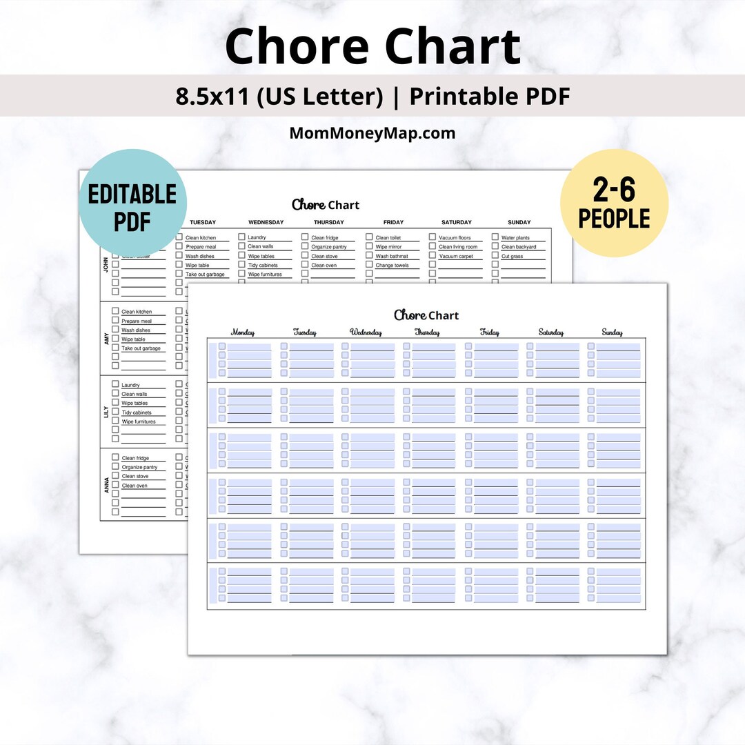 Chore Chart Printable PDF for Family or Adults, Daily Weekly Chore ...