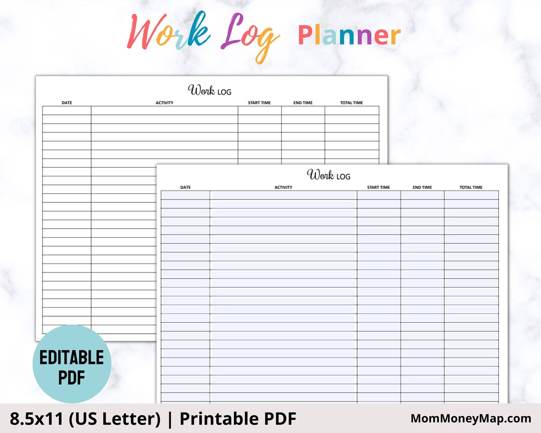 Work Log Landscape Printable PDF Task Time Tracker Time Log - Etsy