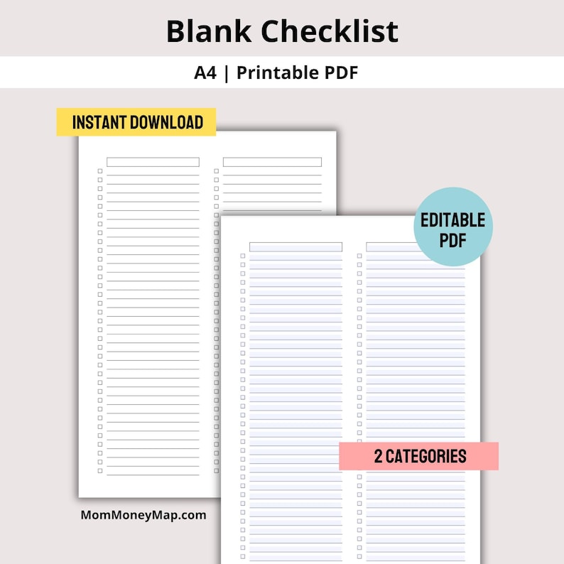 Blank Checklist Printable PDF A4, Blank to Do List PDF A4, Minimalist ...
