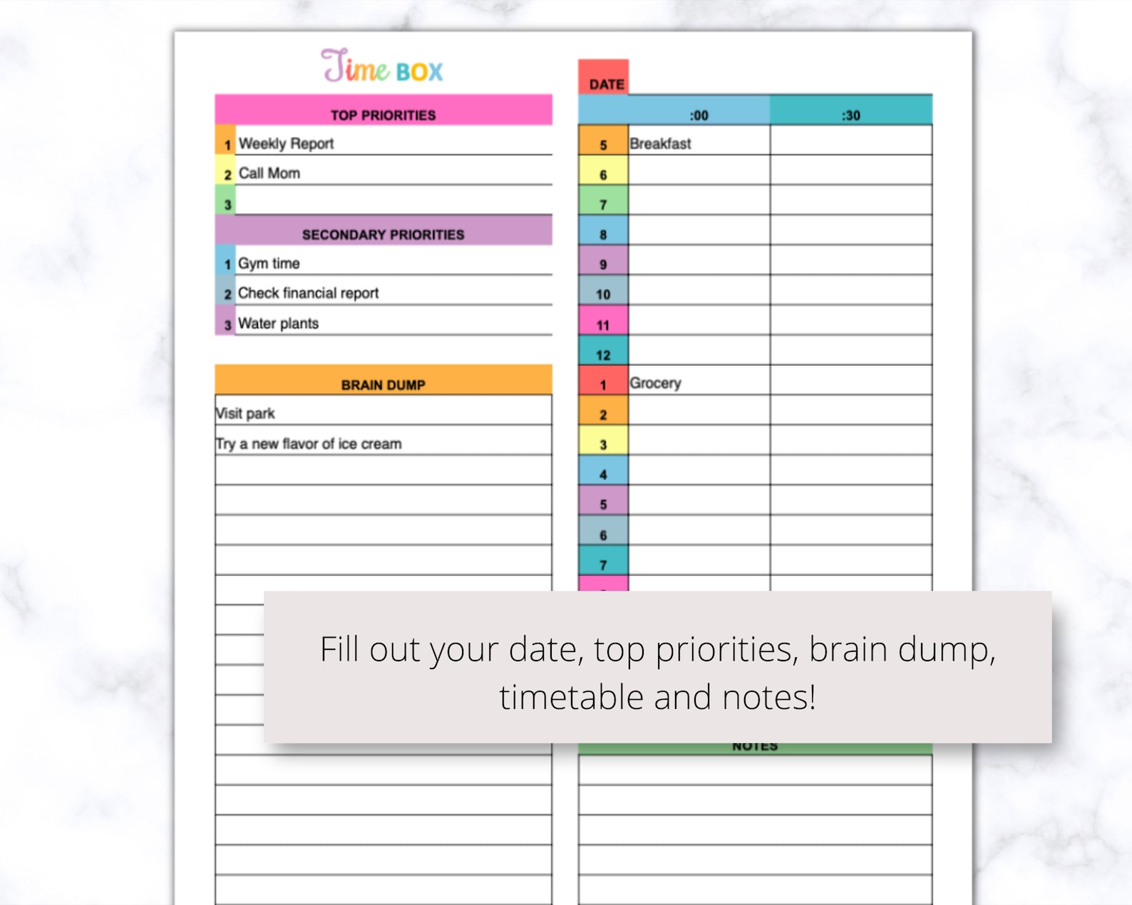 Multi-color Time Box Planner Printable PDF Daily Time - Etsy